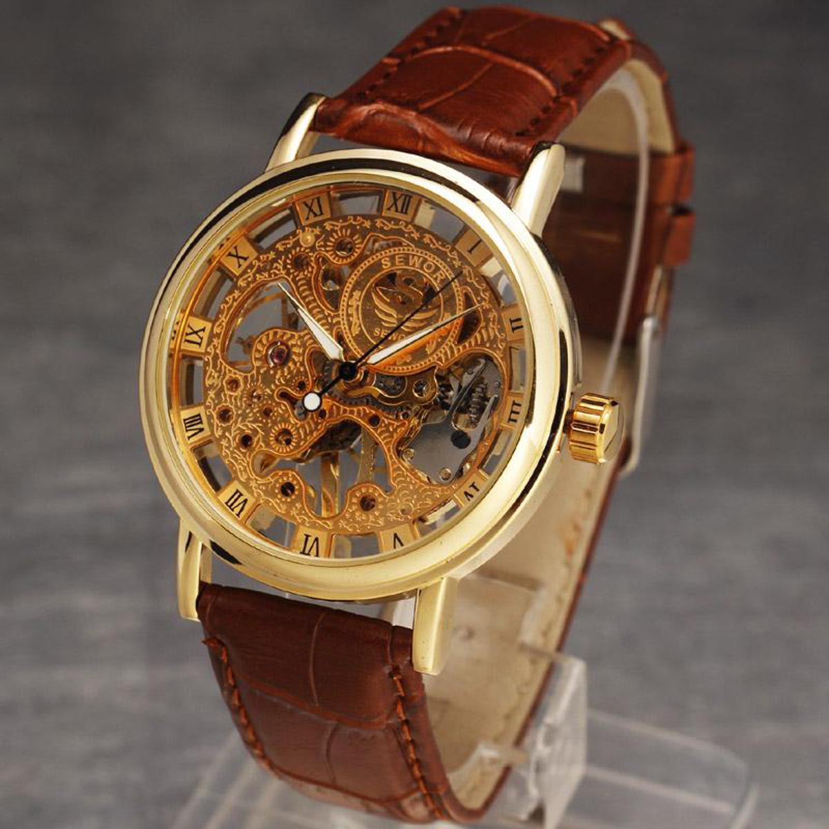 Brown Leather Skeleton Watche for Men | Leather Strap Skeleton Watch ...