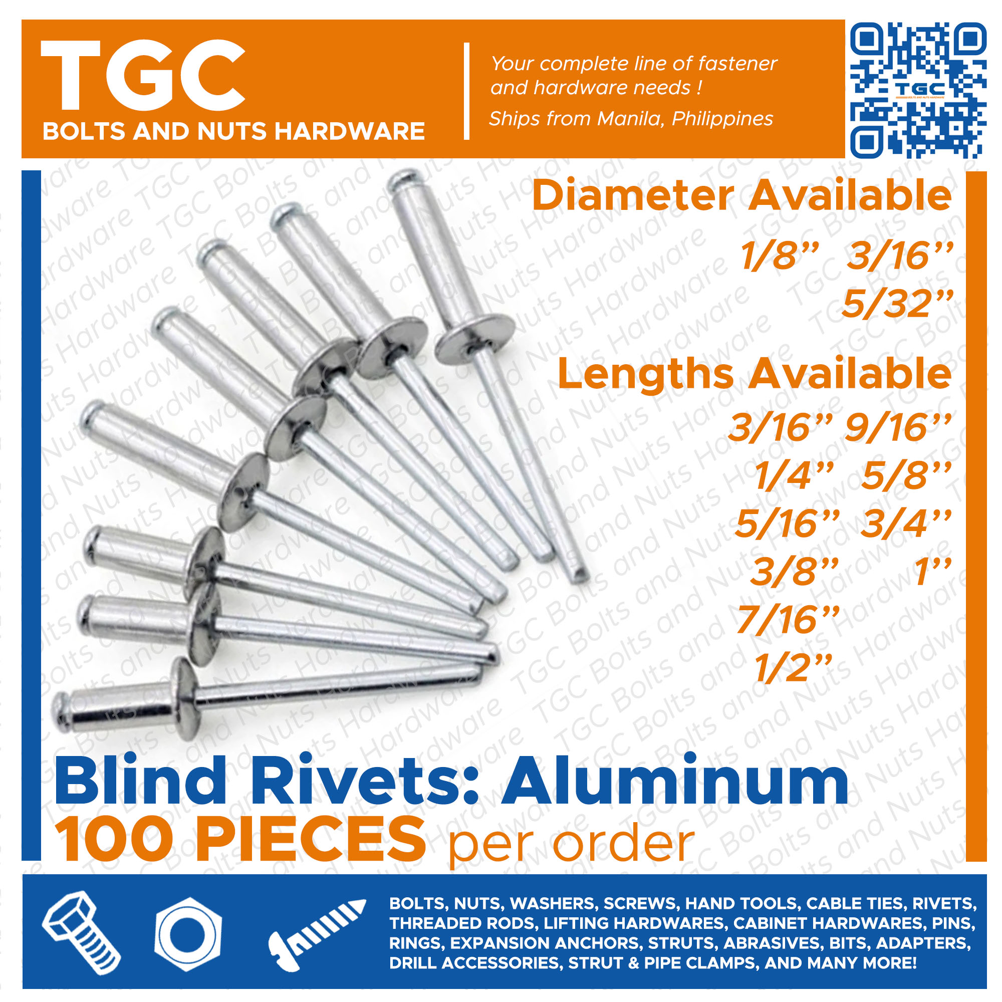 100 PCS Aluminum Blind Rivets 1/8 inches or Pop Rivets TGC | Lazada PH