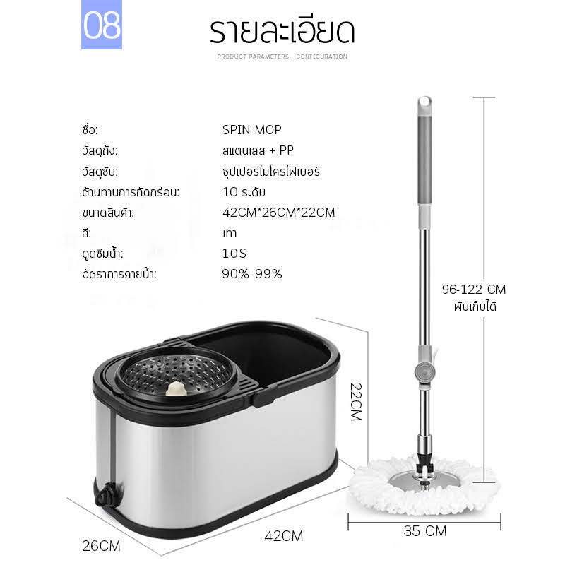 [ซื้อ1+ฟรี1] ELF Luxury Spin Mop ชุดถังปั่นไม้ม็อบ สแตนเลส Spin Mop Stainless Steel รุ่นหรูหรา ...