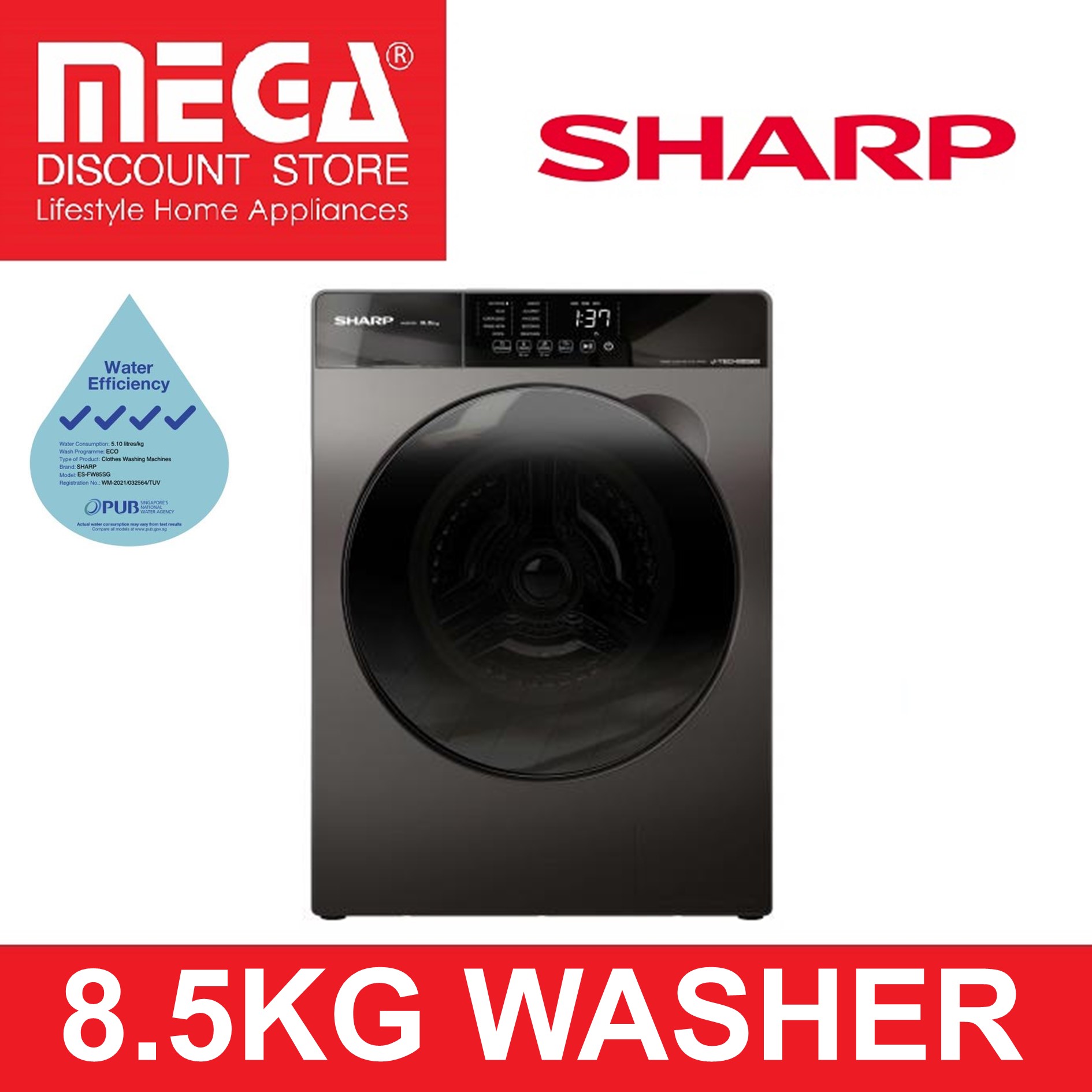 SHARP ES-FW85SG 8.5KG FRONT LOAD WASHER (4 TICKS) | Lazada Singapore