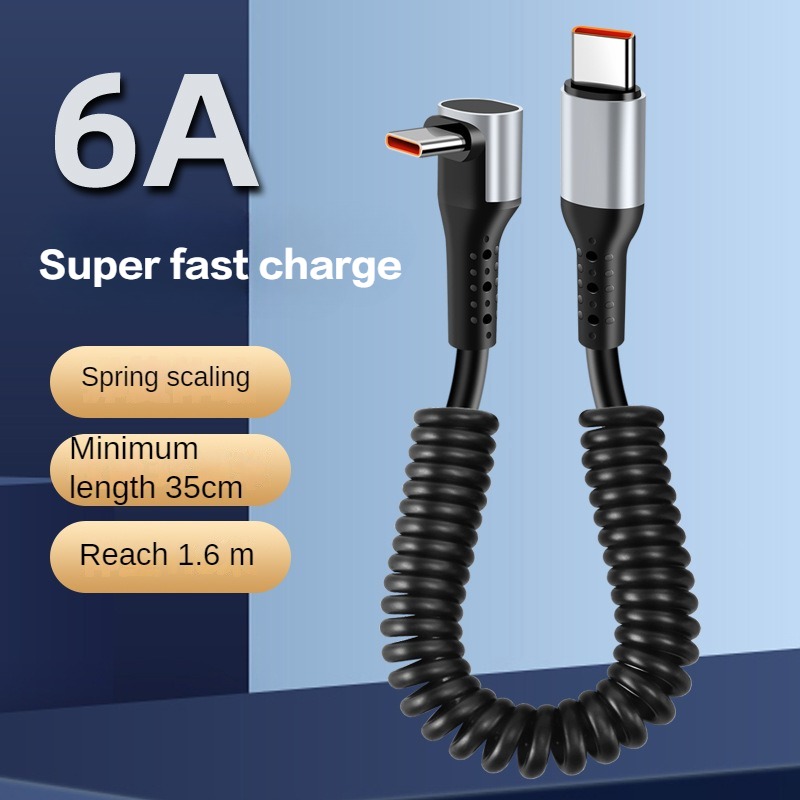 66W 90 Degree Spring USB Type C Mobile Phone Cable 6A Fast Charging ...