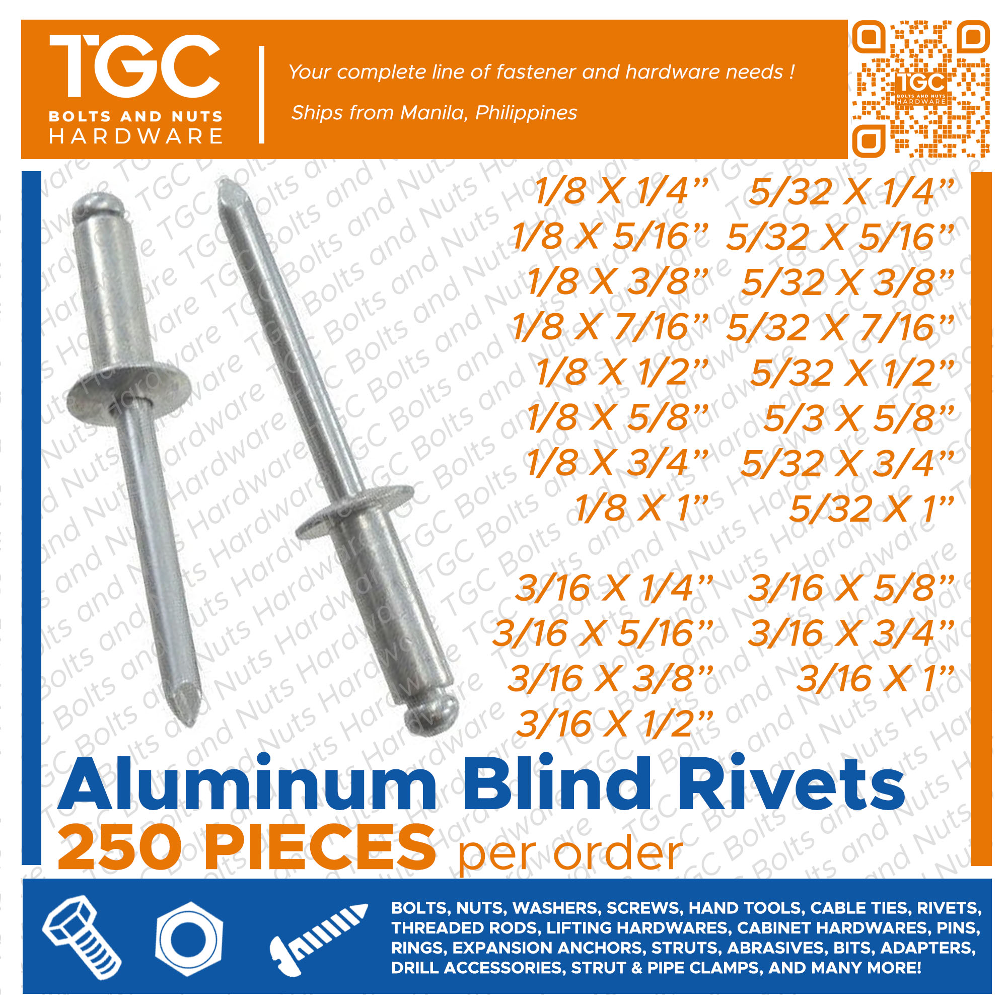 250 PCS Aluminum Blind Rivets 3/16 inches or Pop Rivets TGC | Lazada PH
