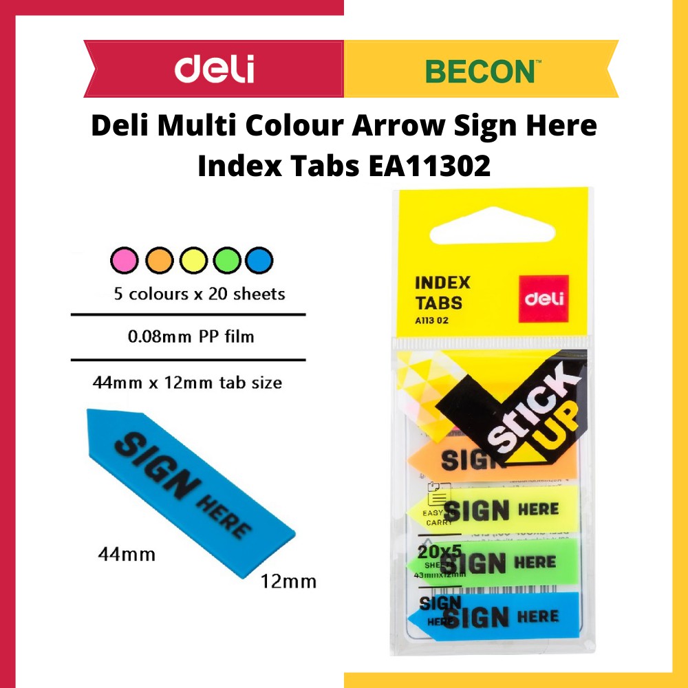 Deli Multi Colour Arrow Sign Here Index Tabs EA11302 44x12mm 5x20's ...