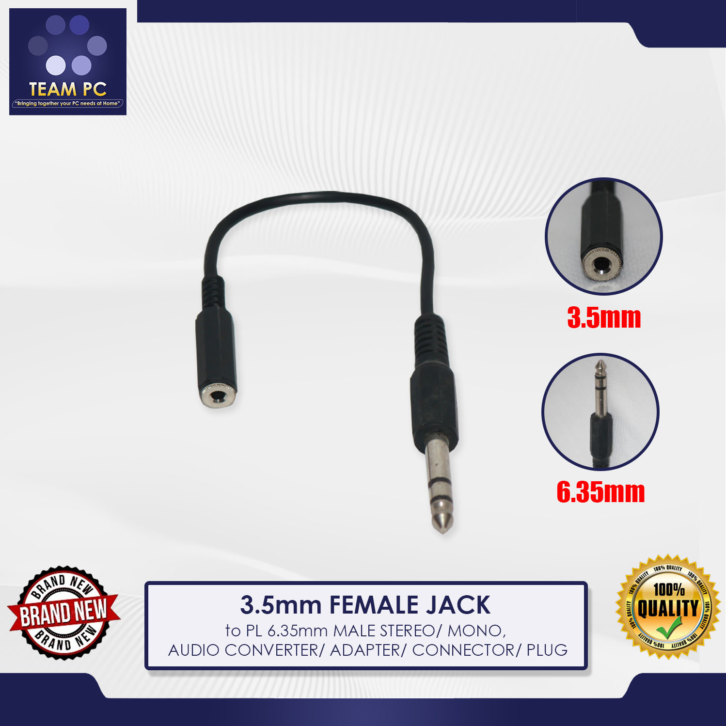 3.5mm FEMALE JACK to PL6.35mm MALE STEREO/ MONO, AUDIO CONVERTER ...