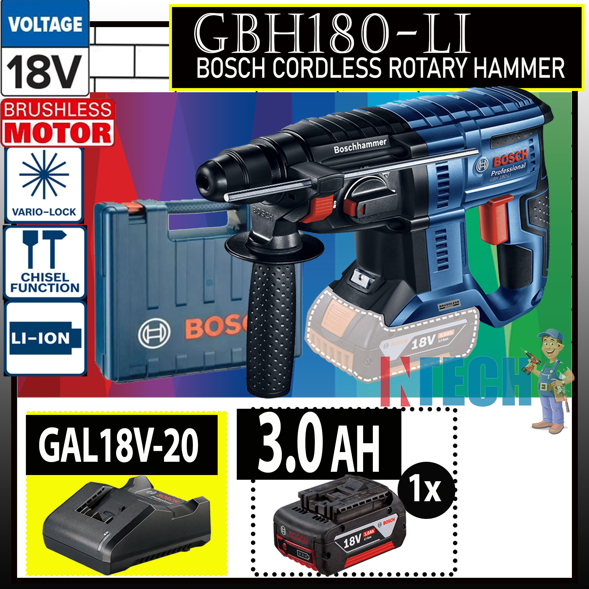 BOSCH GBH180-LI CORDLESS ROTARY HAMMER (SINGLE BATTERY) (GBH180LI) | Lazada