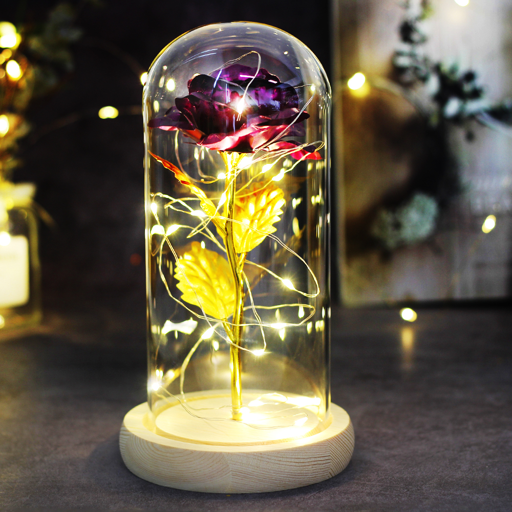 Jiditech Eternal Rose Light With Led Light In Glass Dome On Wooden ...
