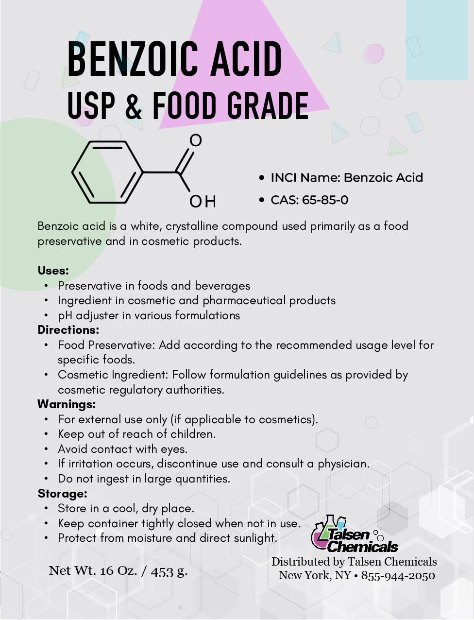 Benzoic Acid Powder USP Grade 16 oz / 453 g - 99% Pure for Preservative for Formulations, pH ...