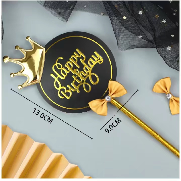 Ins Style Gold Crown Bowknot Happy Birthday Paper Card Cake Topper Plug