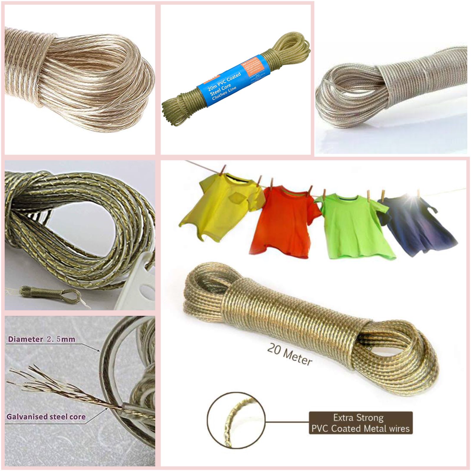Strong Wet Clothes Laundry Rope, 20 Mtr PVC Coated Metal Clothes Wire ...
