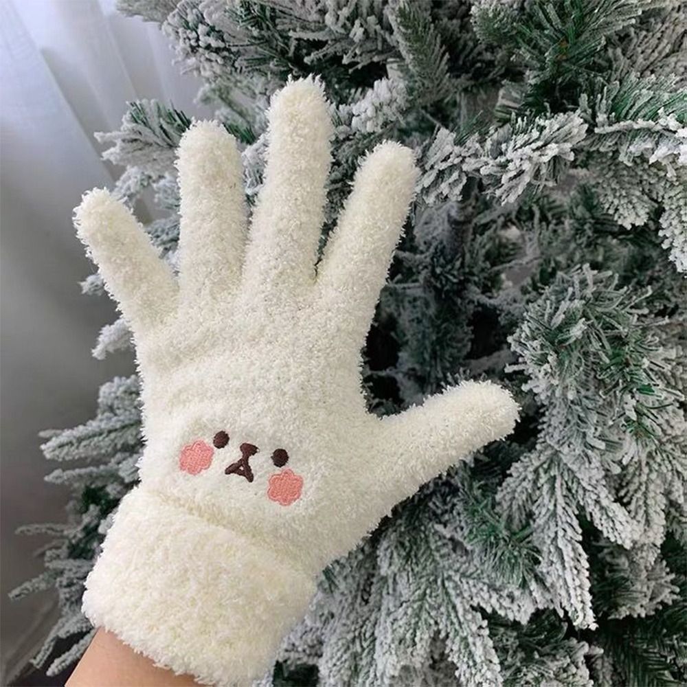 Cartoon Embroidery Blush Bear Girls Gloves Knitted Plush Cycling Gloves ...