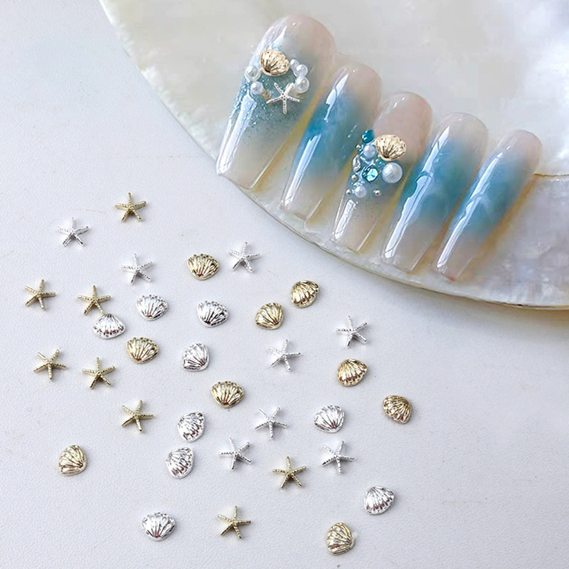 20Pcs Shell Nail Art Charms 3D Alloy Five-Pointed-Star Silver Crystal ...