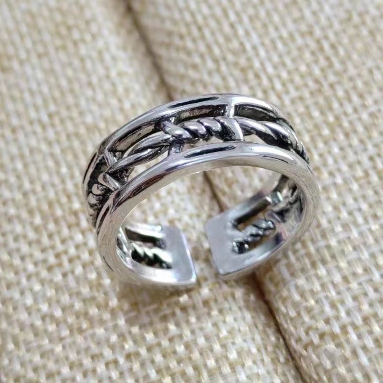 Thai silver vintage old hollow twist ring men's hip hop vintage opening ...