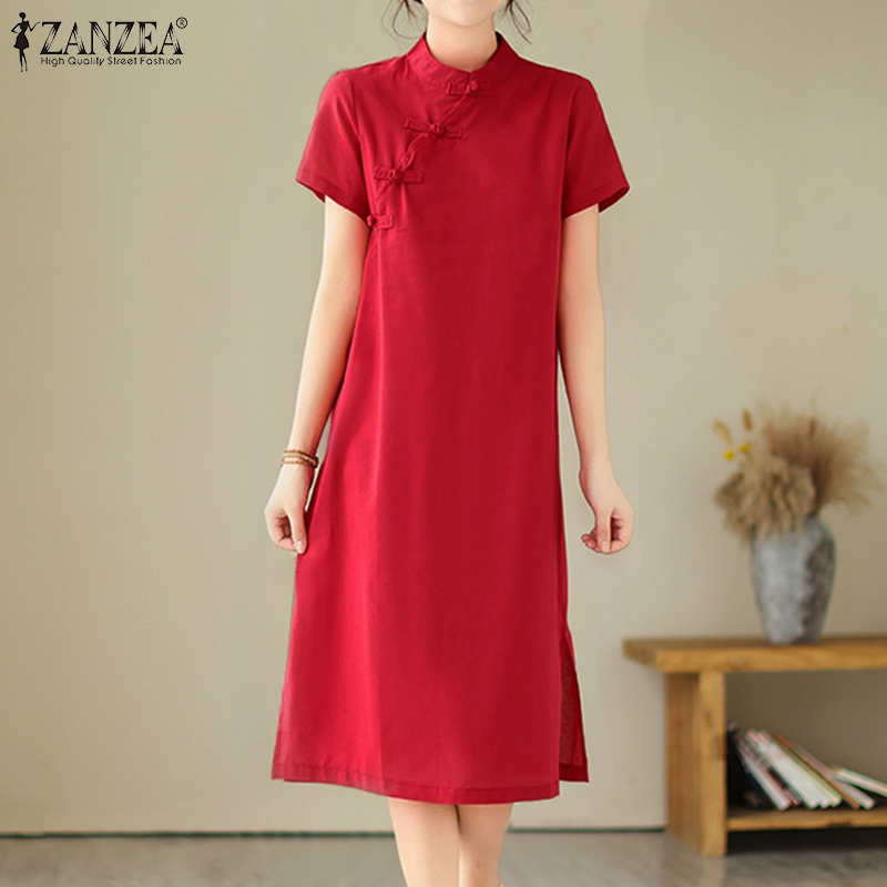 Celmia ZANZEA Womens Cheongsam Dress Elegant Loose Plain Midi Dresses ...