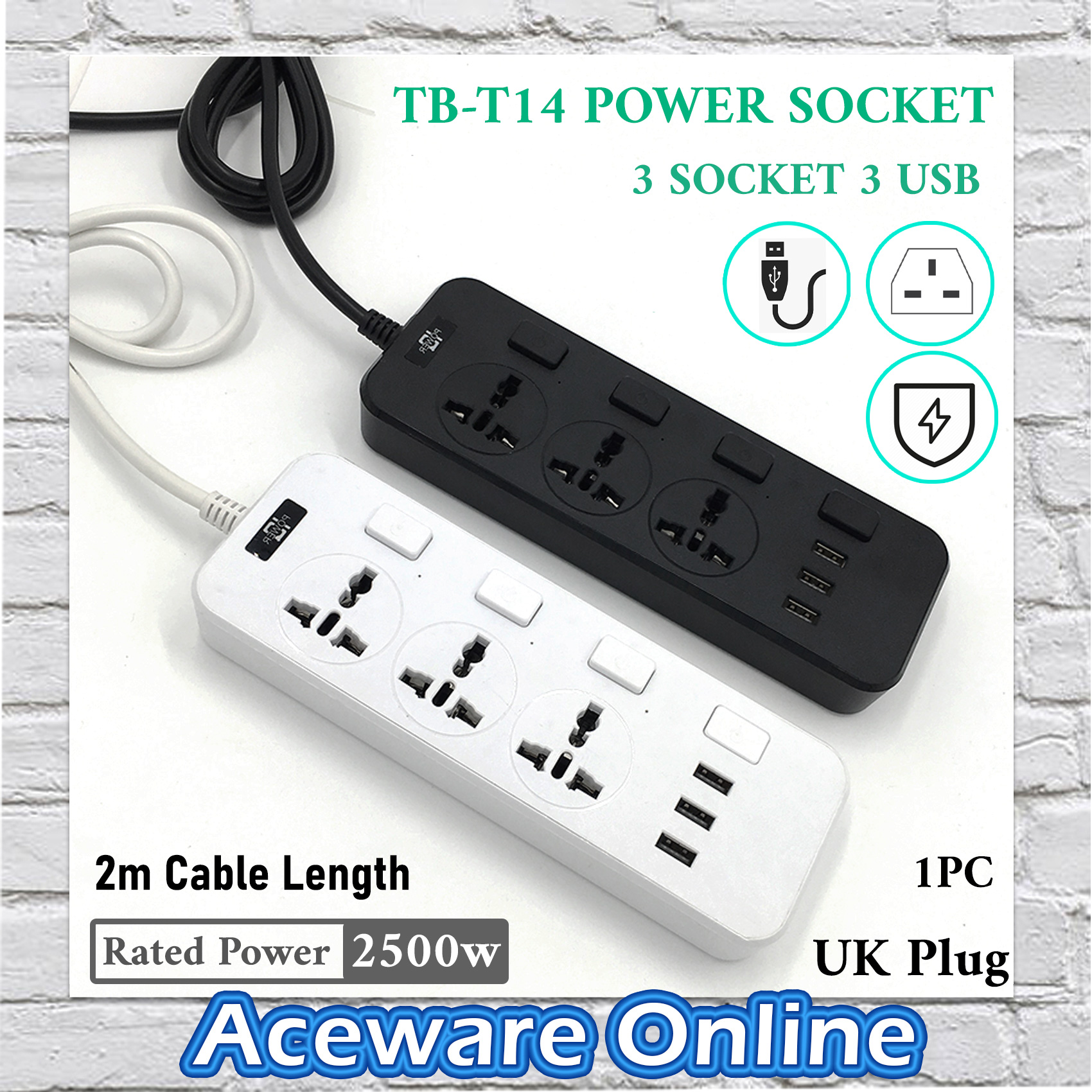TB-T14 3 SOCKET 3 USB POWER SOCKET EXTENSION 2-Meter Wall Extension ...