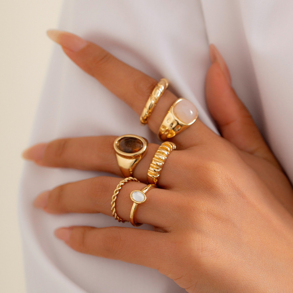 【Buy with eyes closed】6Pcs/Set Vintage Gold Irregular Gem Stone Ring ...