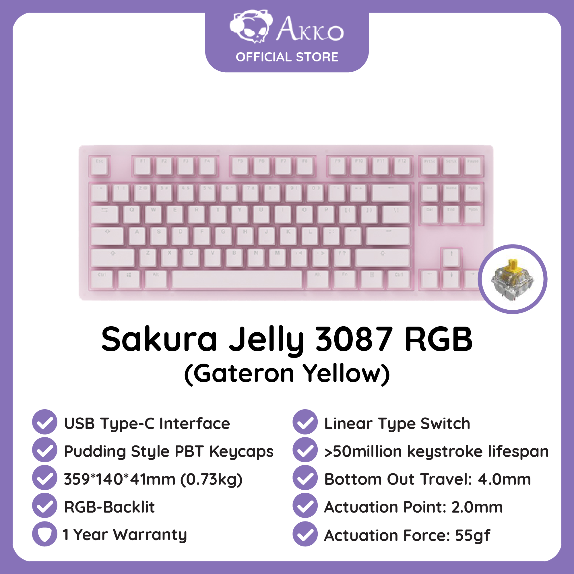 AKKO Sakura Jelly 3087 Keyboard, 87 Key RGB Backlight Wired Mechanical ...