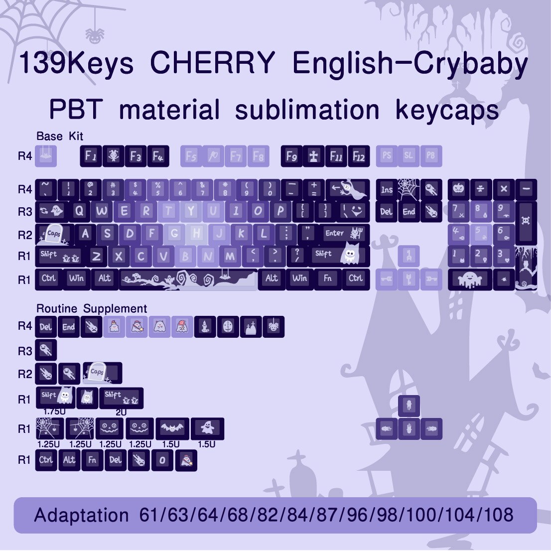 Crybaby Purple Gradient Keycaps Cherry Profile PBT For ISO Layout 61 64 ...