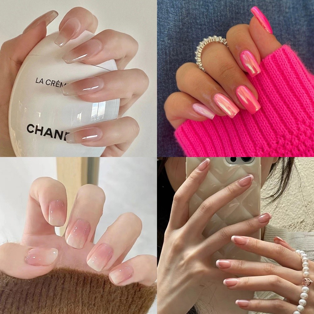 【WITH GLUE】24Pcs Fake Nails Pattern Flower French False Nails Wearable ...