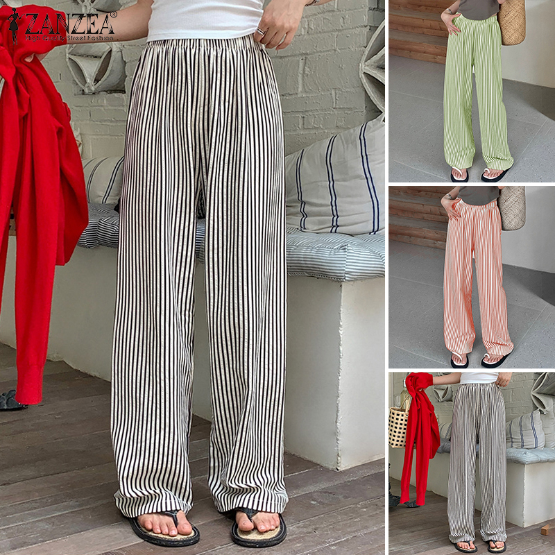 Esolo ZANZEA Korean Style Womens Summer New Elastic Waist Stripe Trousers Street Straight Pants ...