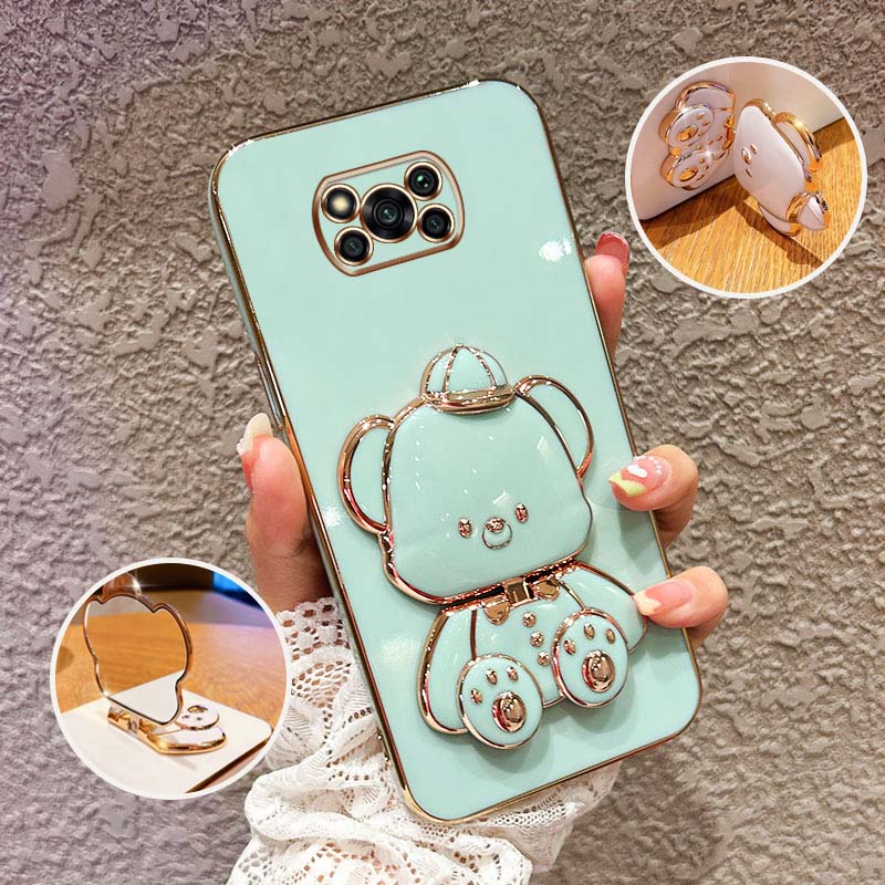 ForXiaomi POCO X3 Pro POCO X3 NFC Cute hat bear mirror bracket Silicone ...
