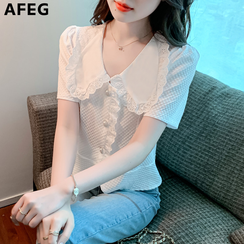 AFEG เสื้อผู้หญิงแขนสั้นผ้าชีฟองคอตุ๊กตา,เสื้อแฟชั่นสไตล์เกาหลีใส่ได้ ...