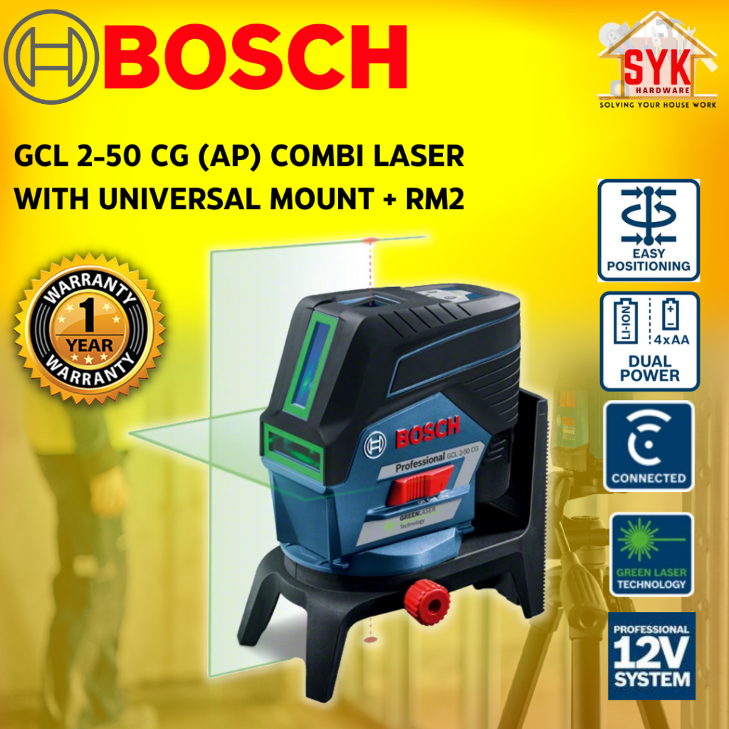 SYK Bosch GCL 2-50 CG + RM2 Combi Laser with Universal Mount Battery ...