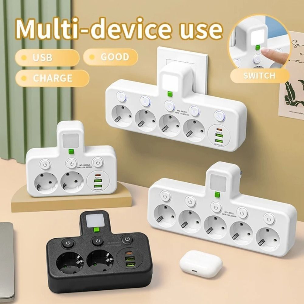 Durable 2/ 3 / 4 Plugs EU Plug Outlet Type-C Ports Wall Mounted Wall ...
