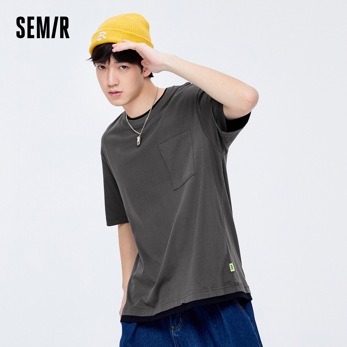 SEMIR เสื้อยืดแขนสั้นชายสไตล์เรียบง่าย,เสื้อยืดสองชิ้นถักสีตัดกันใหม่ ...