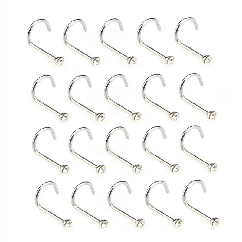 20pcs/lot Stainless Steel Crystal Rhinestone Nose Studs Hooks Bar Pin ...