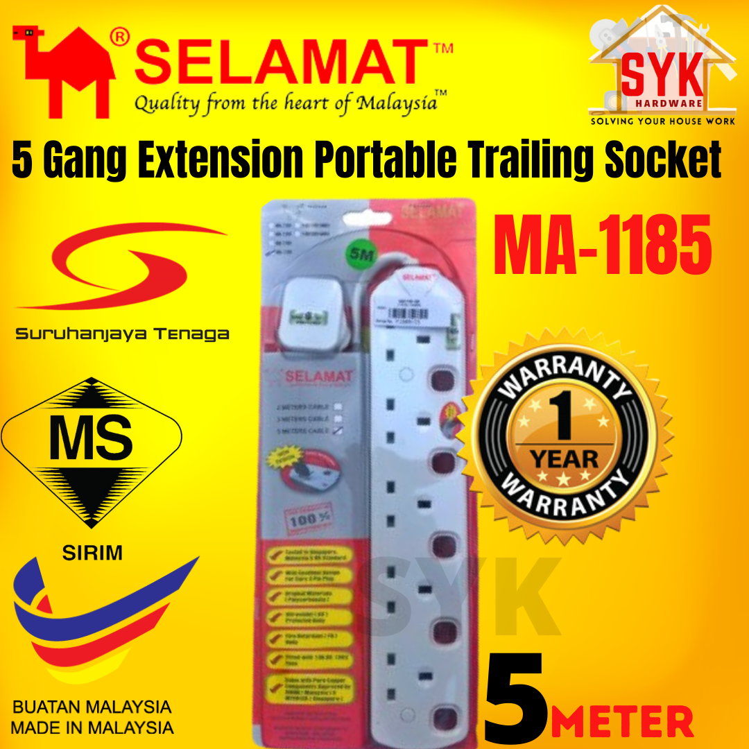 SYK SELAMAT MA1185 5 Gang 5 Meter Power Extension Plug Trailing Socket ...