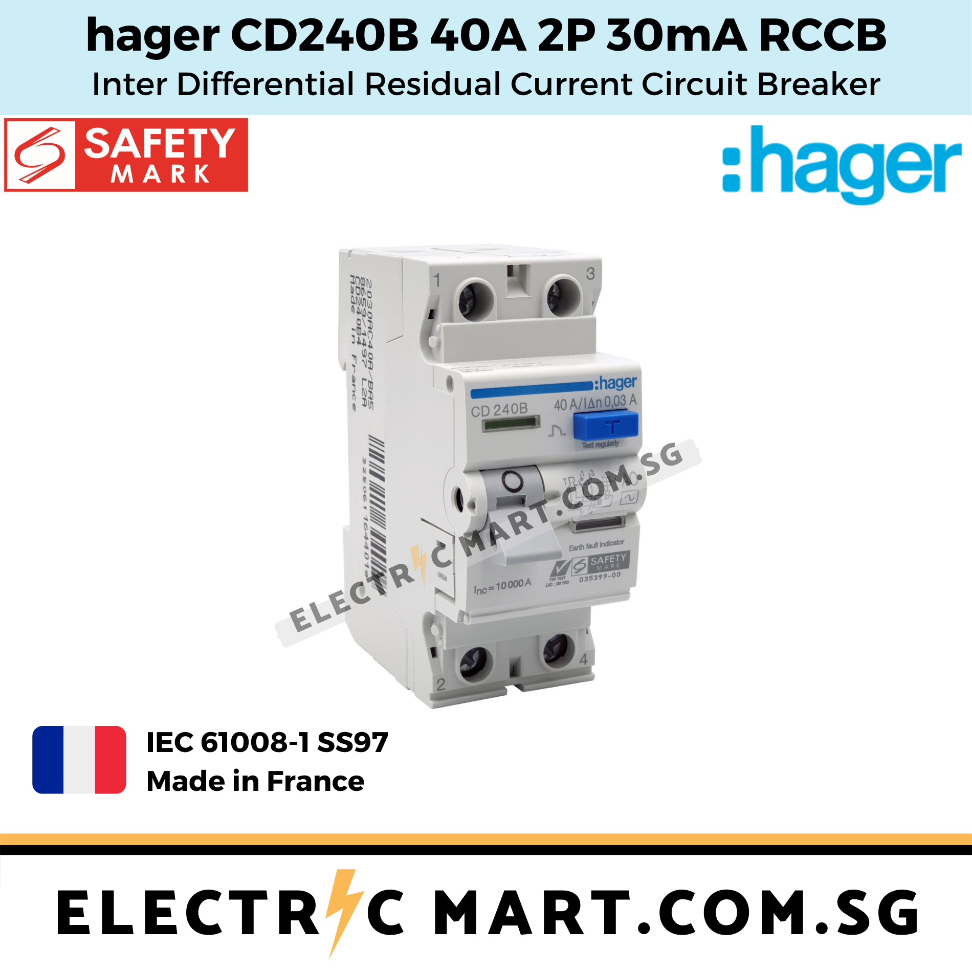 Hager CD240B 40A 2P 2 Pole 30mA AC Inter Differential Residual Current Circuit Breaker Device ...