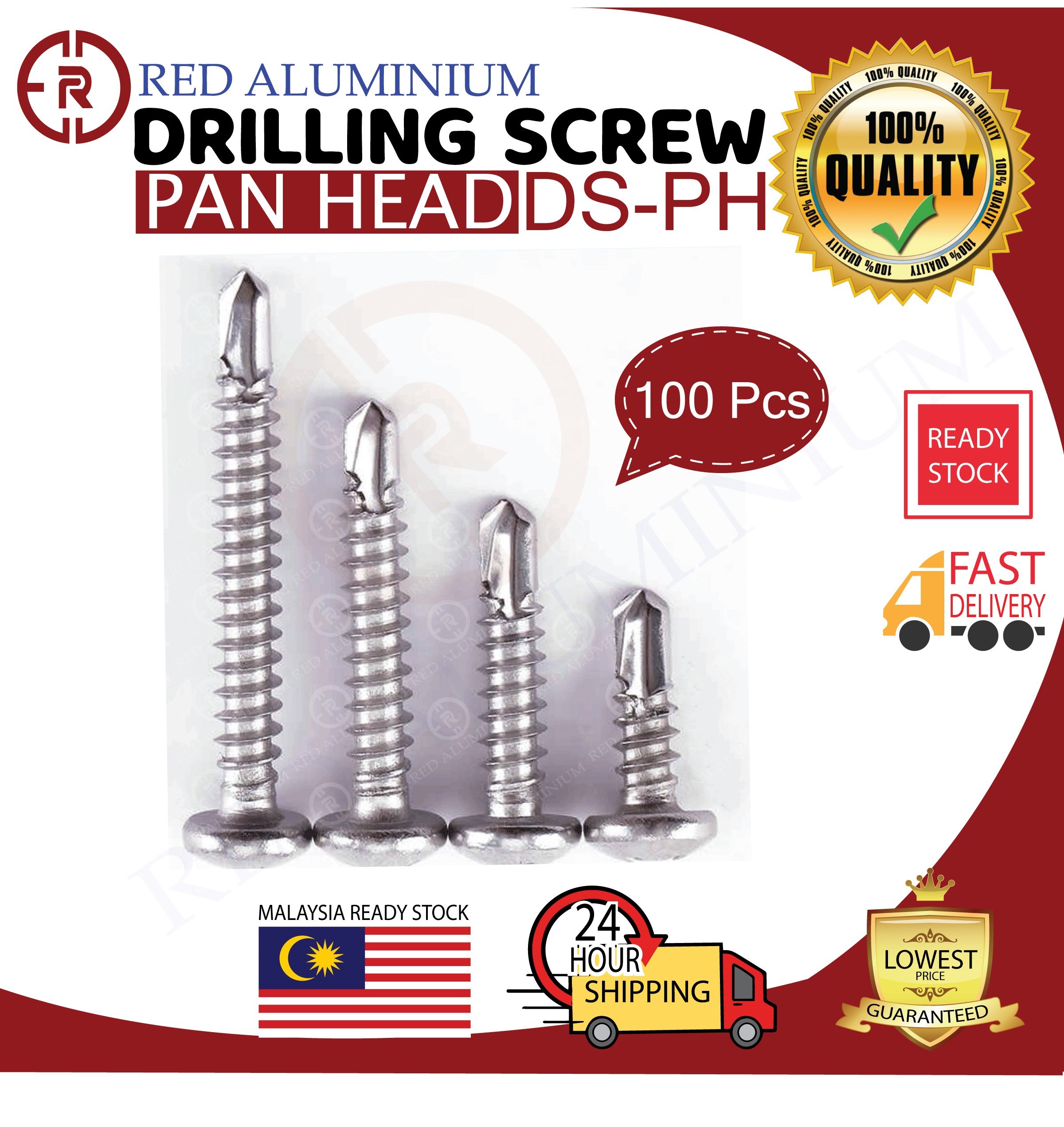 100 pcs Self grilling screw Drilling (besi) Flat head and Pan head paku ...