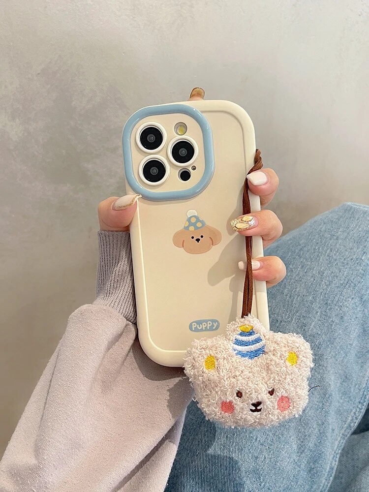 NEW Cute Cartoon Puppy With Plush Lanyard Milk White Case For iPhone 11 ...