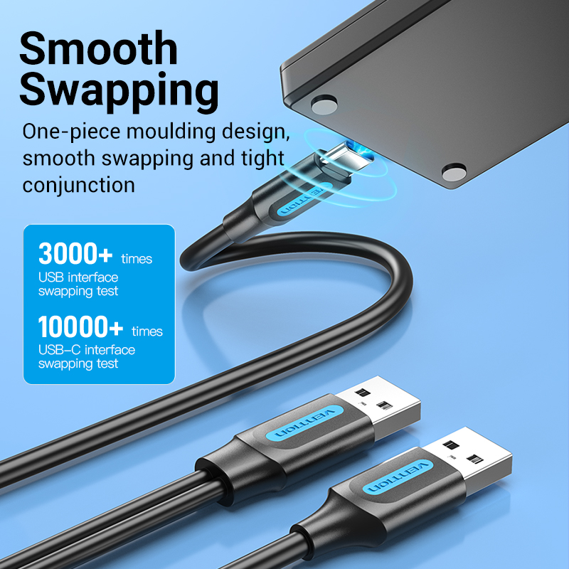 Vention USB C Cable With Dual USB Power Supply Fast Charging FCP QC3.0 ...