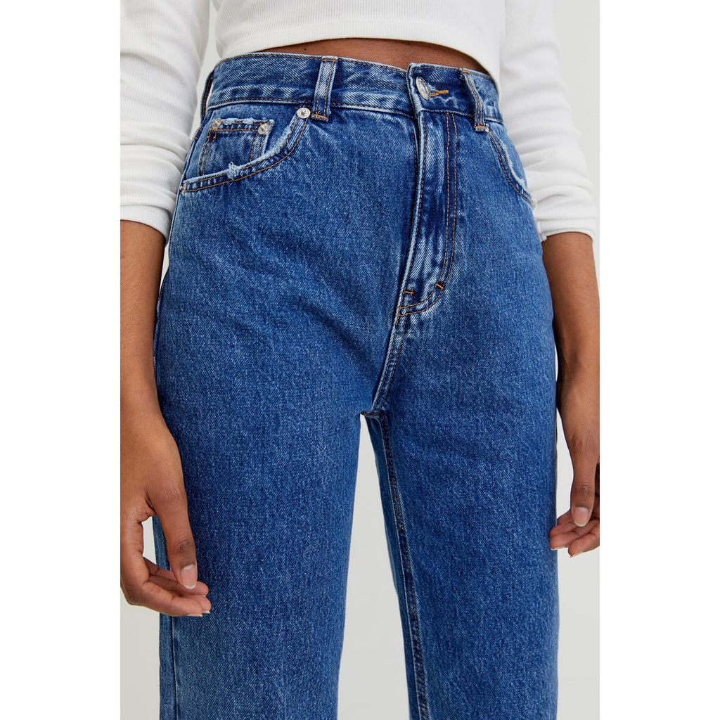 ยีนส์ Pull&Bear basic mom jeans สี Dark Blue ทรงเอวสุง ปลายขาเรียว ของแท้100% ผ้ายีนส์ นิ่ม ใส่ ...