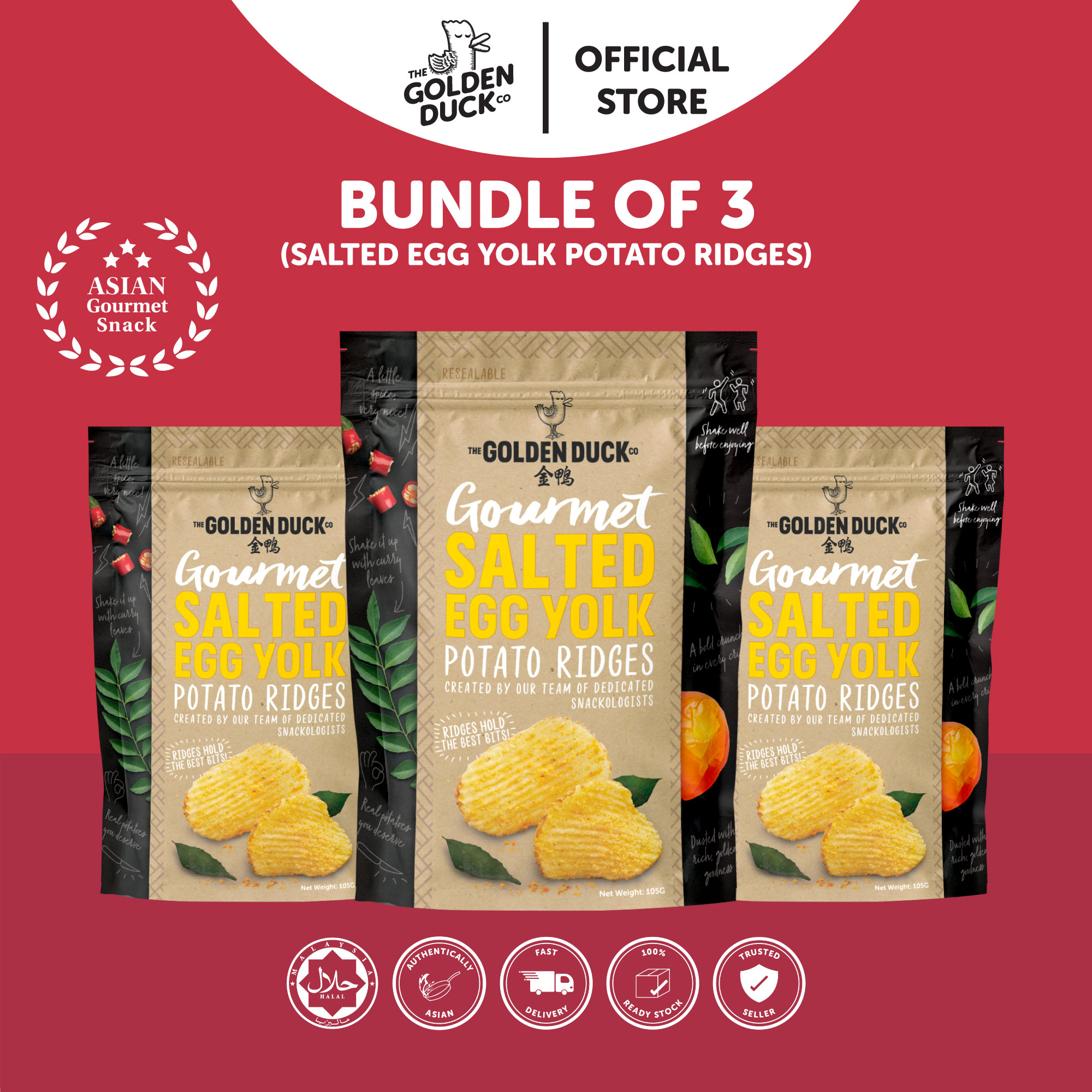 [Bundle of 3] The Golden Duck Salted Egg Yolk Potato Ridges Potato Chips Snacks | Lazada Singapore