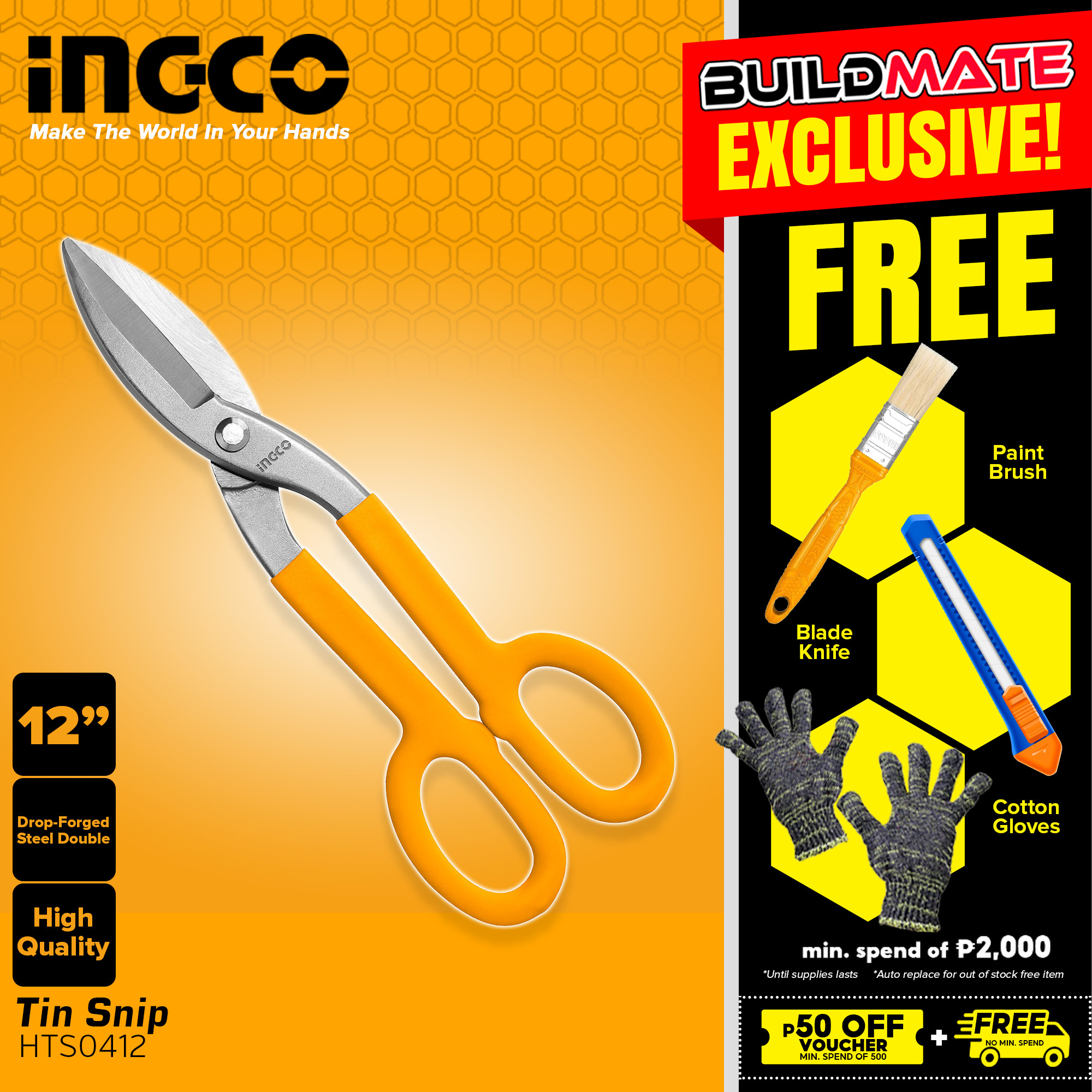 BUILDMATE Ingco Tin Snip Scissors 12" Inch Straight Cut Pattern Tinner ...