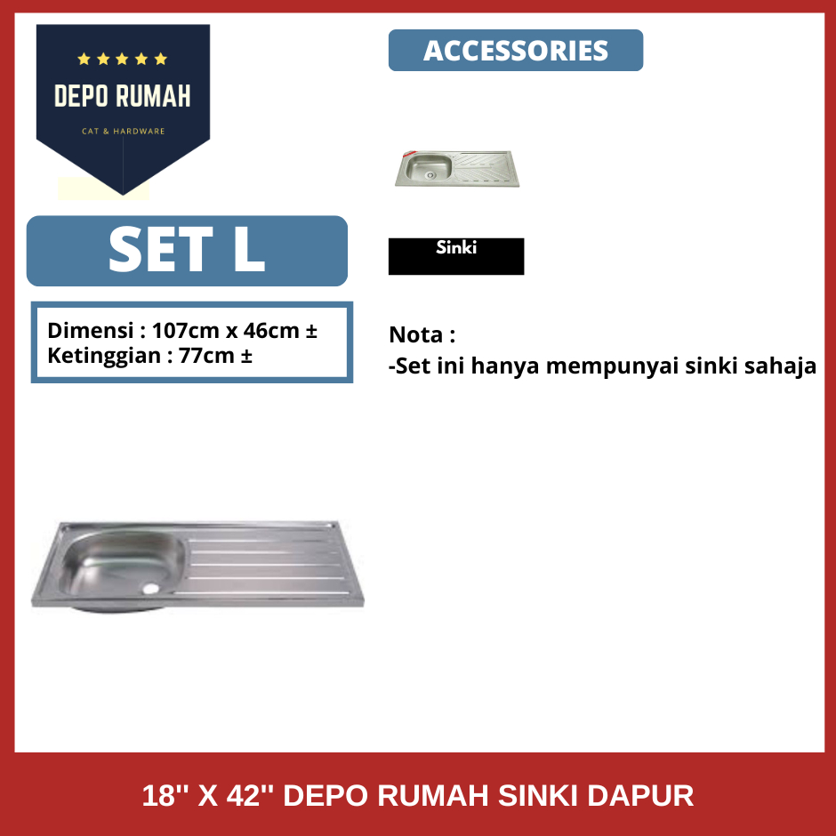 18 x 42 Sinki Dapur Stainless Steel Sink With Sink Stand Complete Set ...