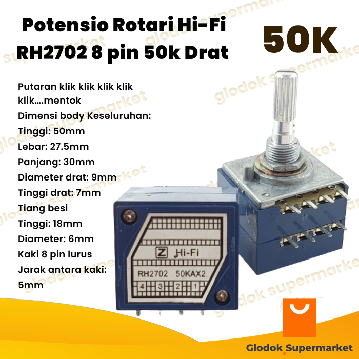 Potensio Rotari Hi-Fi RH2702 8 pin 50k Drat Stereo Kaki 4-4 Lurus ...