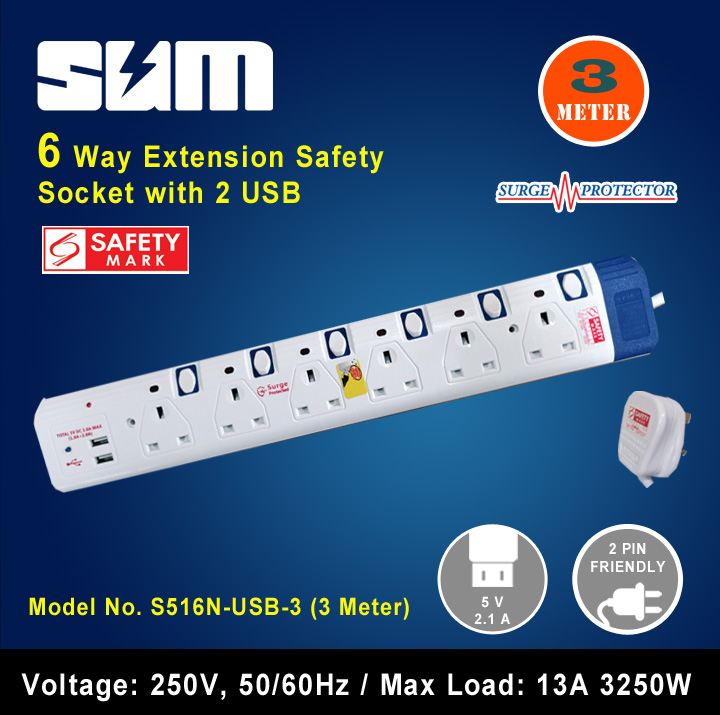 4 & 6 Way Extension Socket with 2 USB Port 3A & Surge Protector (3 & 6 ...