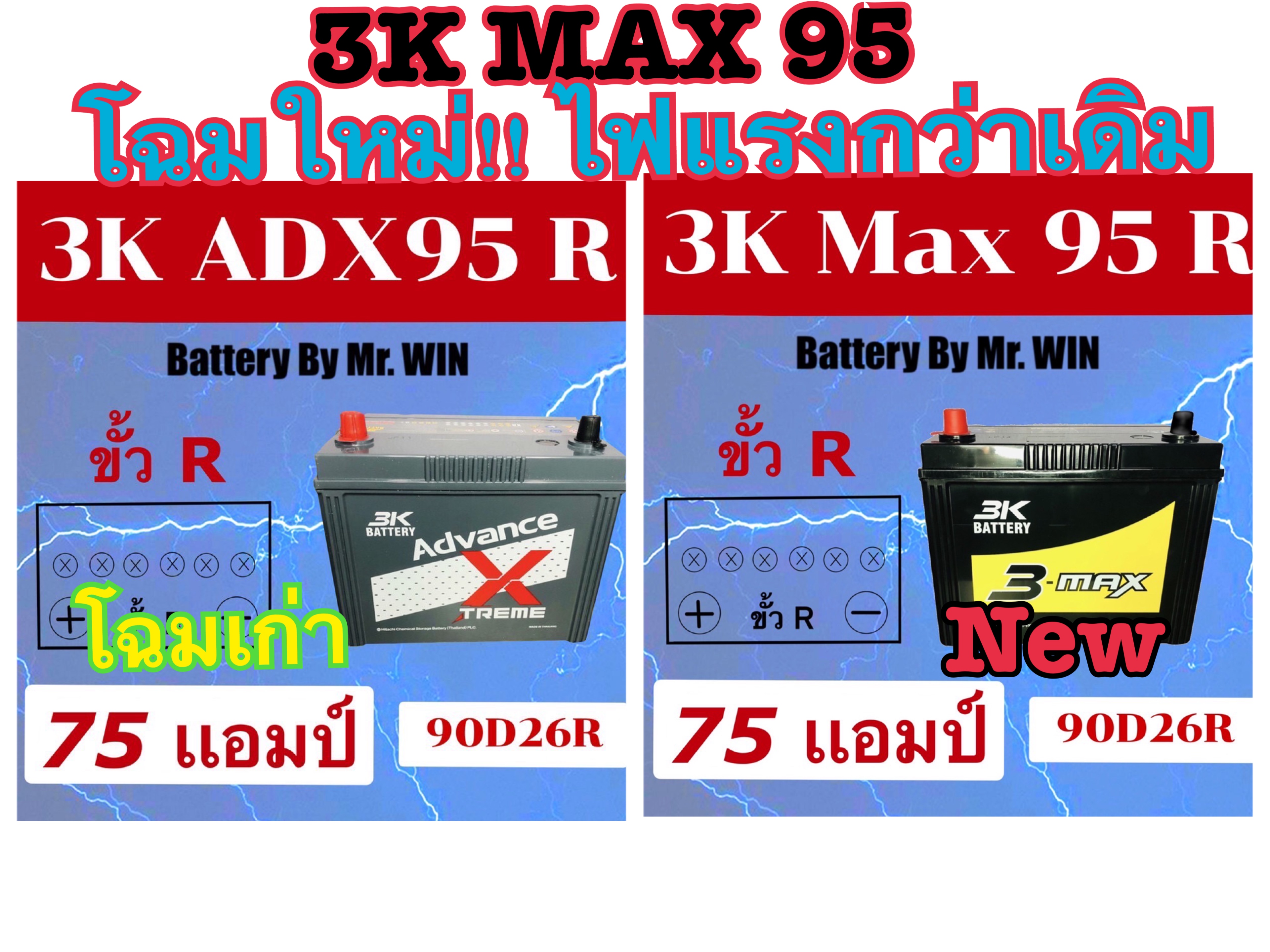 แบตเตอรี่รถยนต์ By Mr.WIN 3K MAX95 R 75แอมป์ 90D26R 12V แบตกึ่งแห้ง ขั้วR ของใหม่ ใส่รถกะบะรุ่น ...