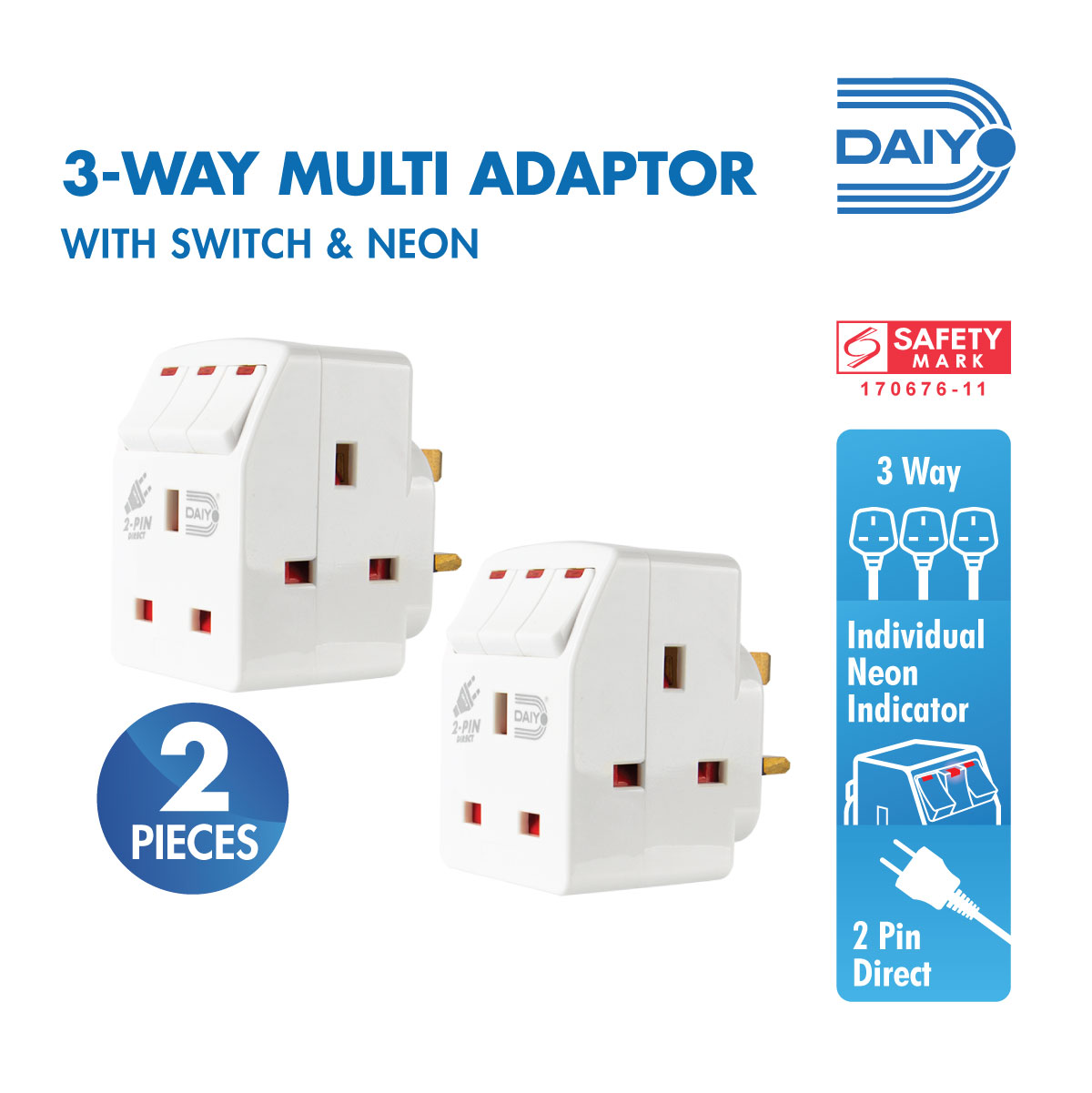 Daiyo DE 291 3 Way Multi Adaptor With Switch & Neon X 2 Pieces | Lazada ...