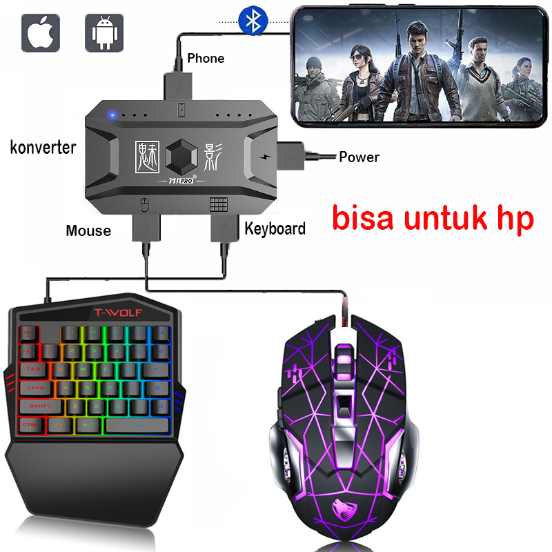 Keyboard Mouse Gaming Converter Wireless Bluetooth Single Hand Gaming RGB Keyboard dan mouse ...