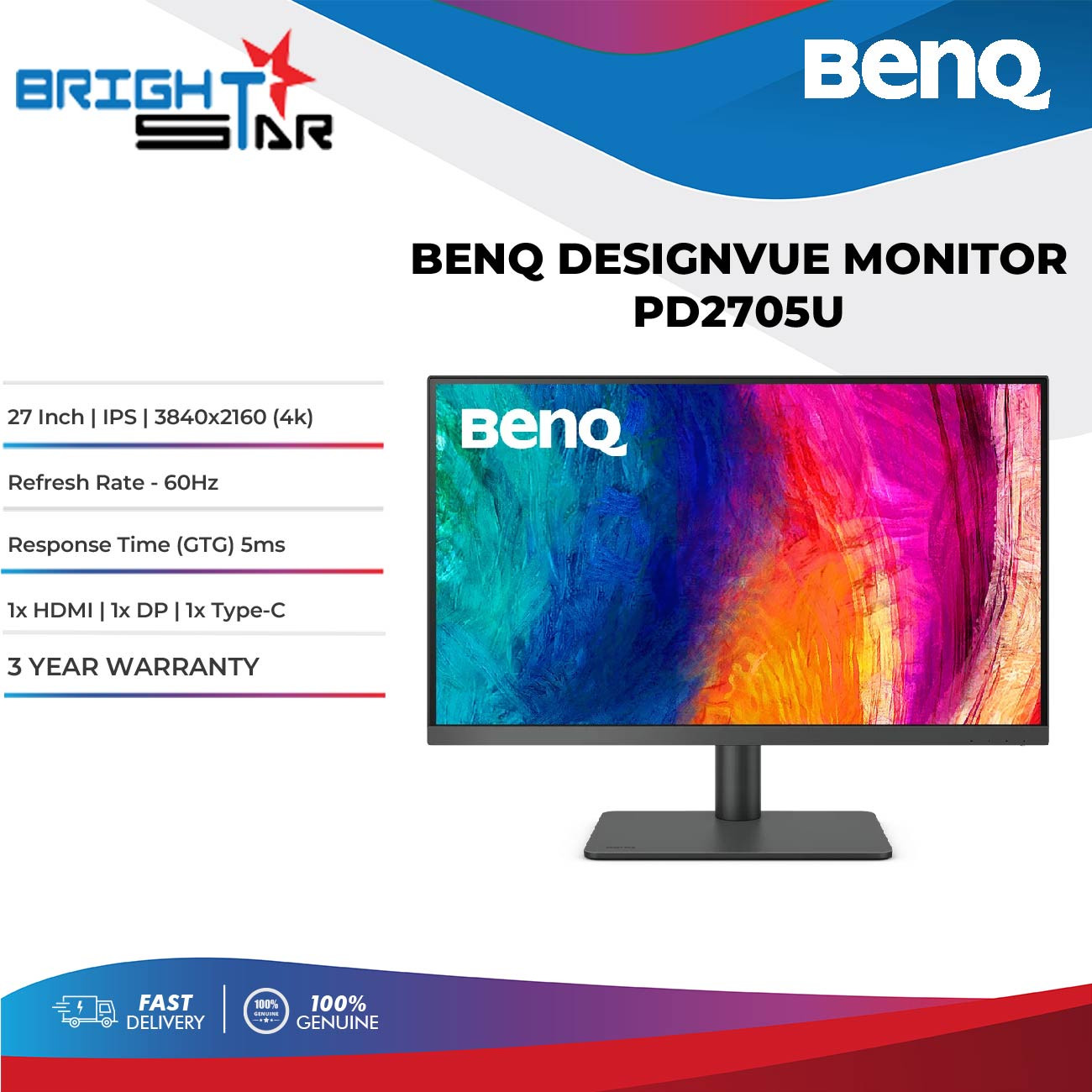 BENQ PD2705U DesignVue Monitor - 27"/IPS/3480x2160/4K/5ms | Lazada