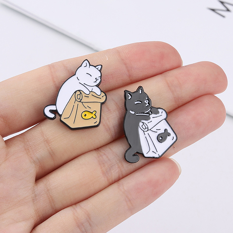 Feed Myself Enamel Pins Cute Black White Cat Dried Fish Bag Brooches ...