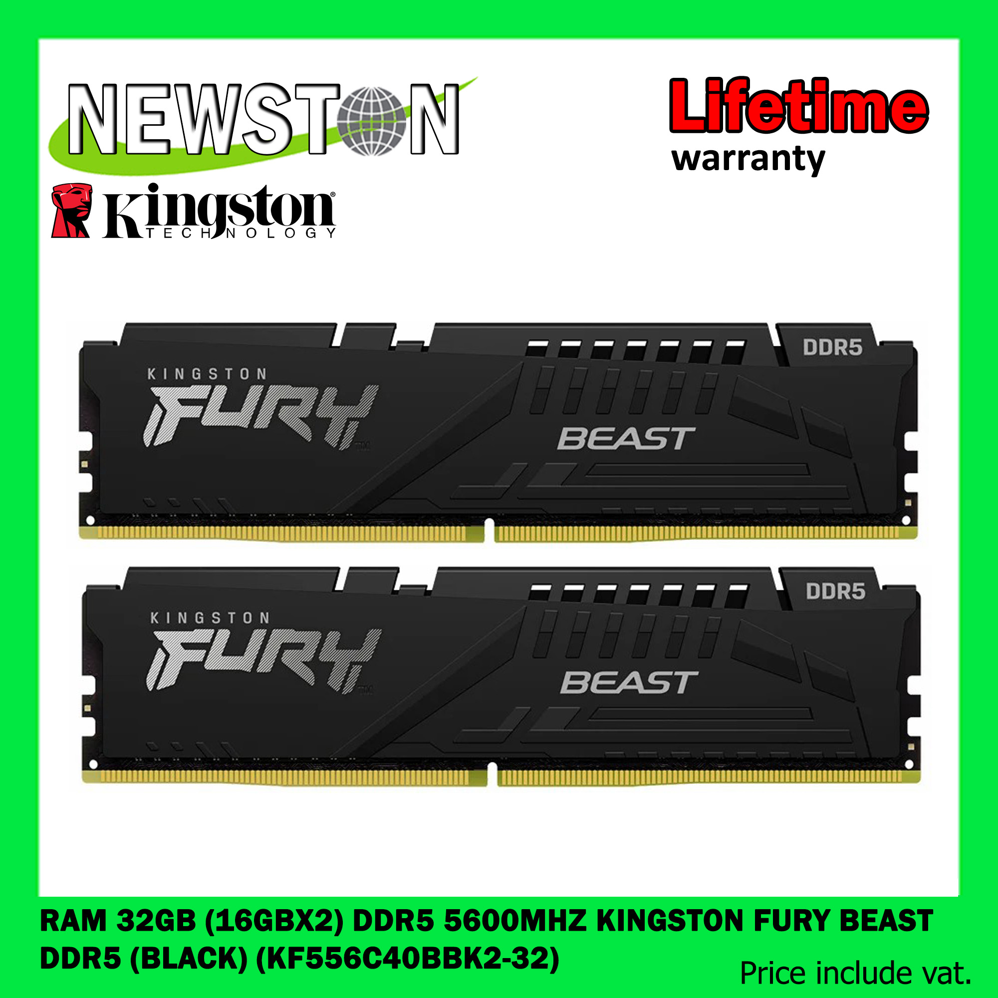 32GB (16GBx2) DDR5 5600MHz RAM (หน่วยความจำ) KINGSTON FURY BEAST DDR5 (BLACK) (KF556C40BBK2-32 ...