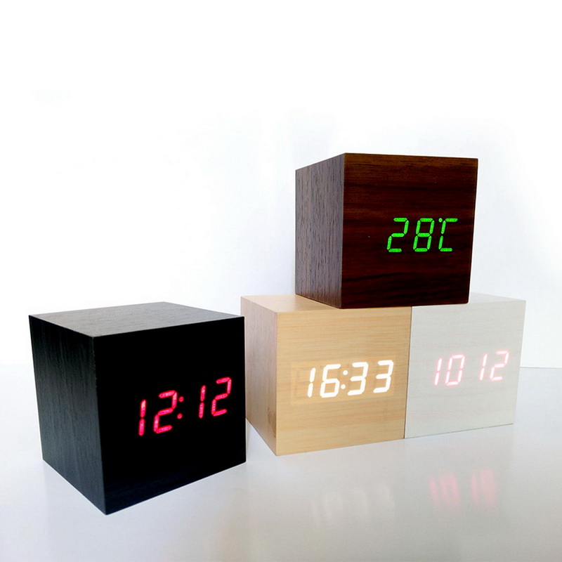 【Discount offer】LED Wooden Alarm Clock Watch Table Voice Control ...