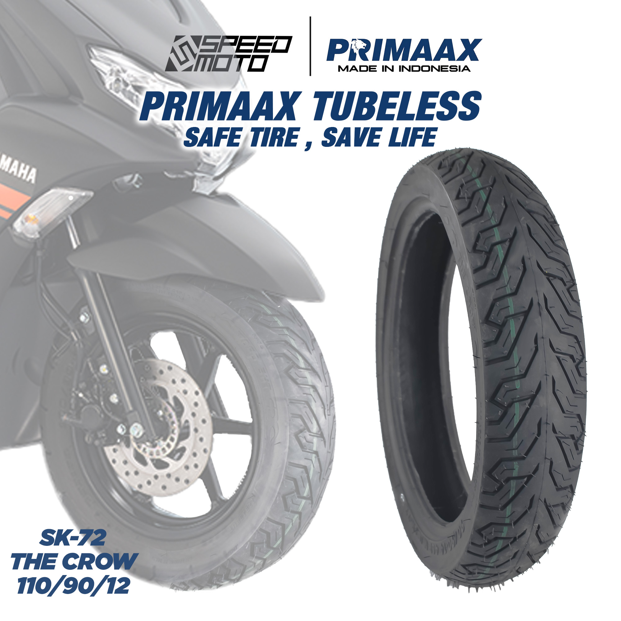 PRIMAAX SK-72 THE CROW 110 / 90 -12 TUBELESS TIRE FOR MIO GRAVIS, KYMCO LIKE, BENELLI PANAREA ...