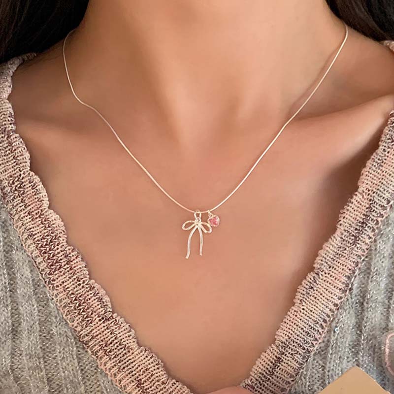 JWER Y2K Pink Zircon Heart Bow Pendant Necklace For Women Sweet Crystal Bowknot Line clavicle ...