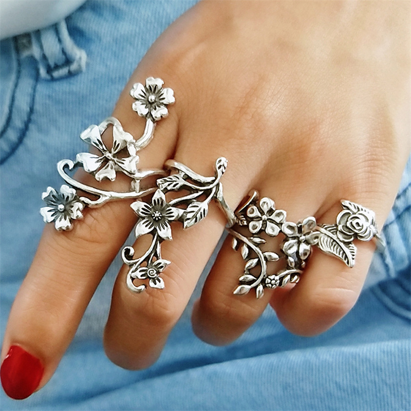 4PCS/Set Forest Vine Leaf Flower Ring Vintage Punk Antique Carved Midi ...